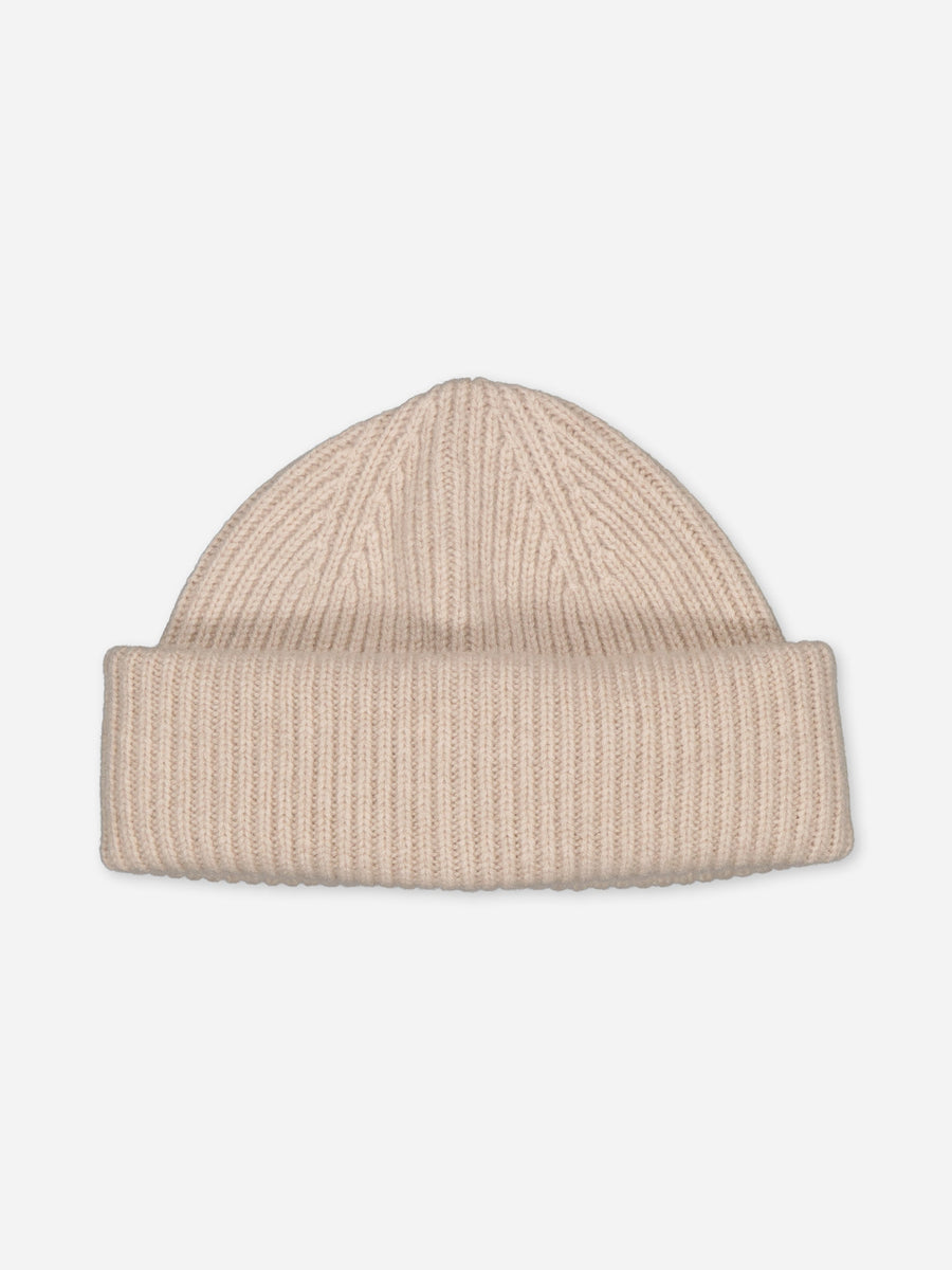 Beige ribbed beanie knitted in regenerated cashmere to personalize ...